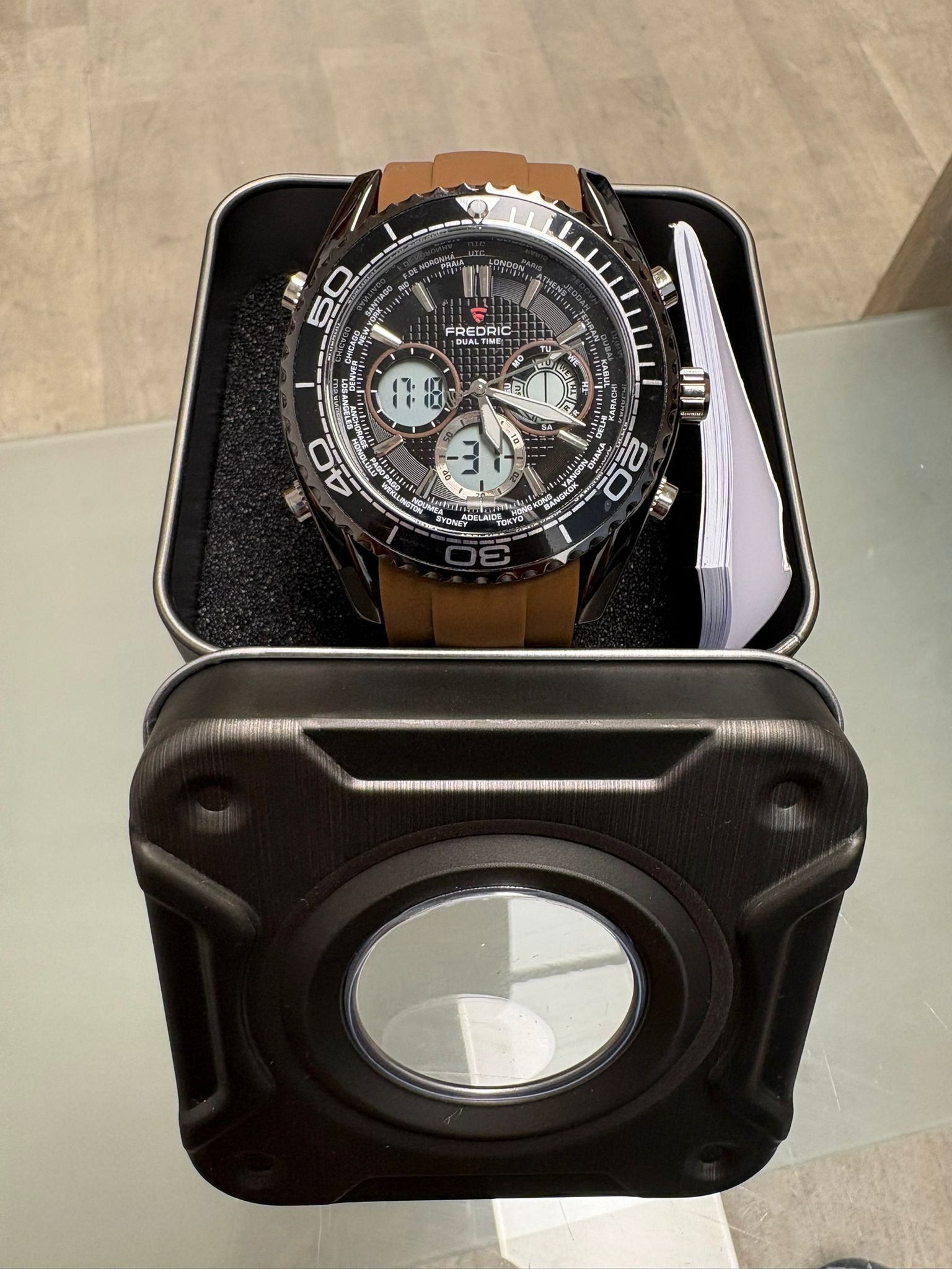 FREDRIC Dual Time Quartz Sport Watch with Brown Band - Yasmin Food